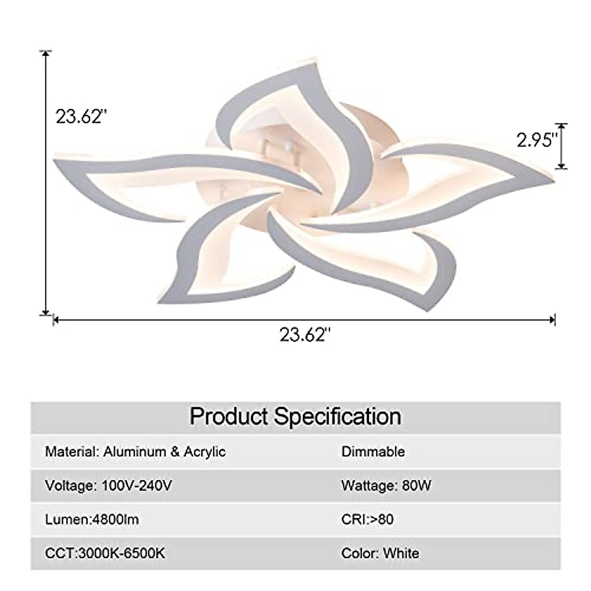 CHYING Modern LED Ceiling Light 23.6'' Dimmable Flush Mount Ceiling Light with Remote Control 80W LED Chandelier Acrylic Ceiling Lamp Fixture for Bedroom Kitchen Living Room Dining Room, White
