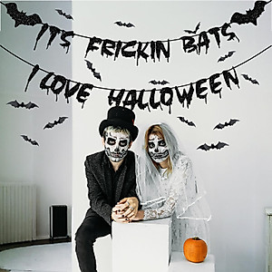 Bats Halloween Decoration, It's Frickin Bats I Love Halloween Banner - Fufuddz 26PCS 3D Bat Wall Decor Stickers Decals Indoor Outdoor Cute Spooky Garland Party Supplies for Mantle Home