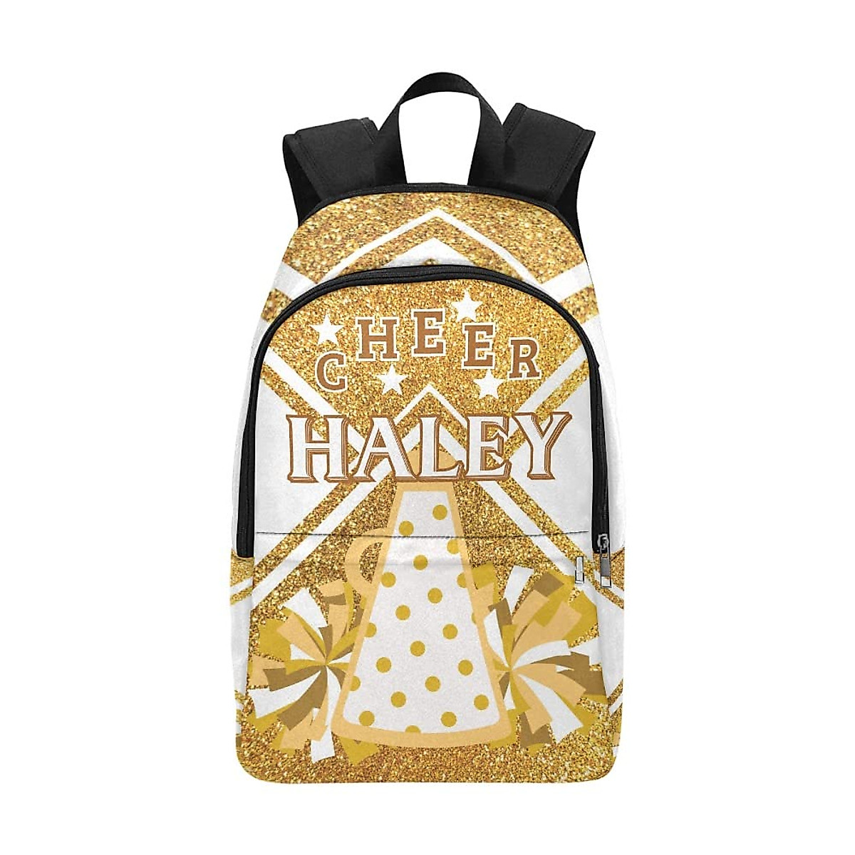 CUXWEOT Personalized Cheerleaders Cheer Gold Print Backpack with Name Custom Travel Daypack Bag for Man Woman Gifts
