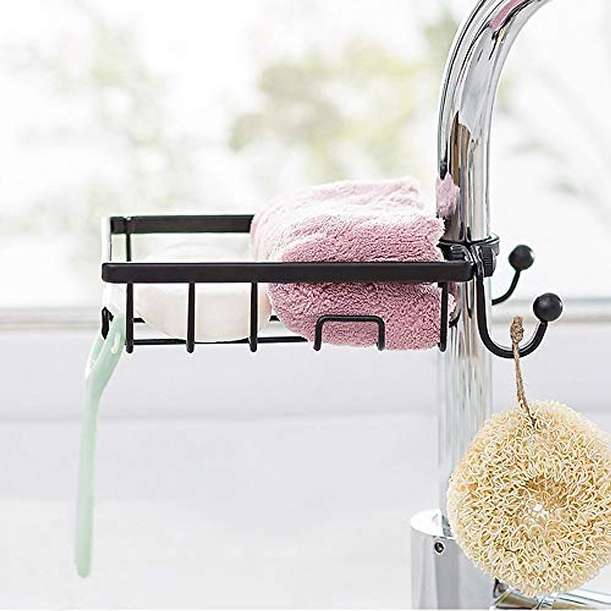 Bathroom Organizer Shelves Double Hook Faucet Rack Kitchen Sink Sponge Rag Storage Rack Bathroom Wrought Iron Drain Shelf (Color : Black)