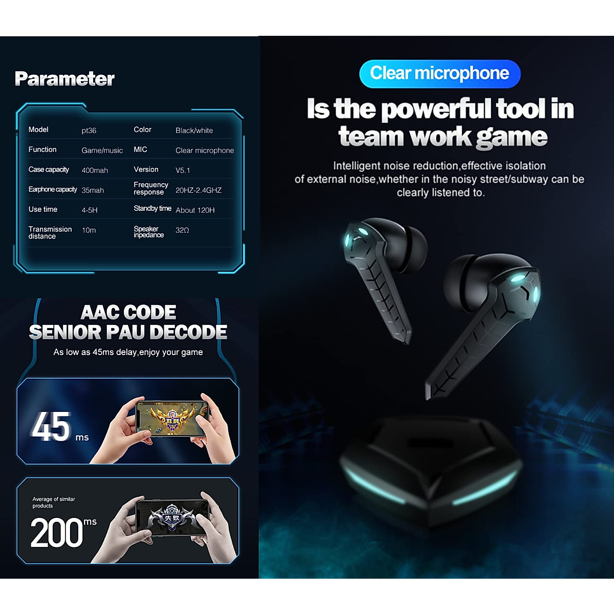 SGNICS Bluetooth 5.2 Wireless Earbuds Gaming Headphones for Microsoft Surface Duo 2, Low Latency with Cool Lights, True Wireless Gaming Headset Music/Gaming Mode - Black