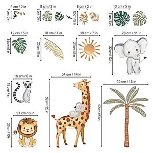 wondever Boho Jungle Animals Wall Stickers Safari Animal Palm Tree Elephant Giraffe Lion Peel and Stick Wall Art Decals for Baby Nursery Kids Bedroom