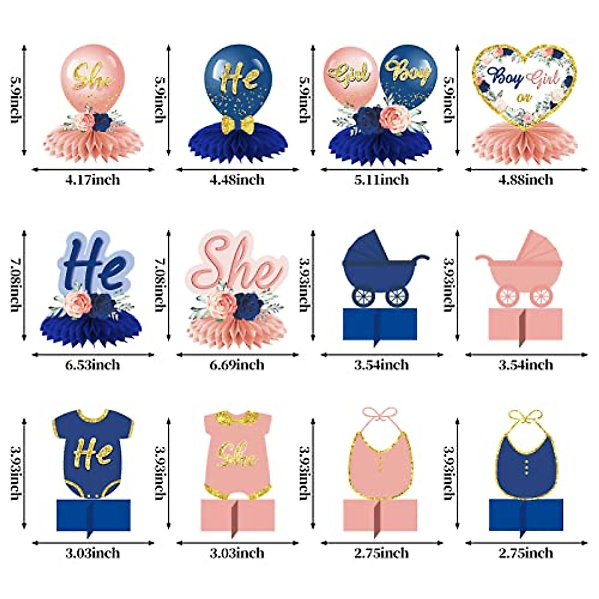 12 Pieces Gender Reveal Decorations Honeycomb Centerpieces Boy or Girl Table Toppers, He or She Gender Reveal Theme Honeycomb Party Supplies, Navy Blush Pregnancy Announcement Baby Shower Party Décor