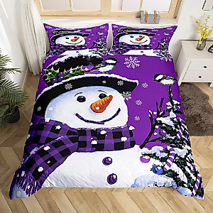 Feelyou Kids Christmas Theme Decorations Bedding Set Xmas Snowman Duvet Cover for Boys Girls Snowflake Kawaii Cute Comforter Cover Set Purple Bedspread Cover Bedroom Collection King Size