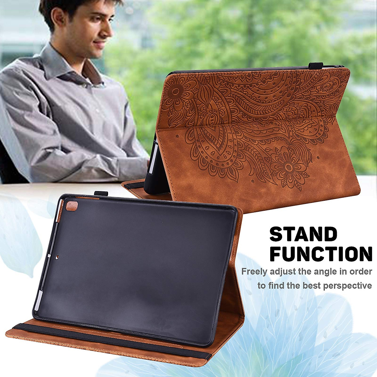UUcovers for Kindle Fire HD 10 Case 9th/7th/5th Generation 10.1 Inch (2019/2017/2015) with Pencil Holder/Elastic Band/Stand/Magnetic Folio Embossed PU Leather Shockproof Cover, Brown Peacock Flower
