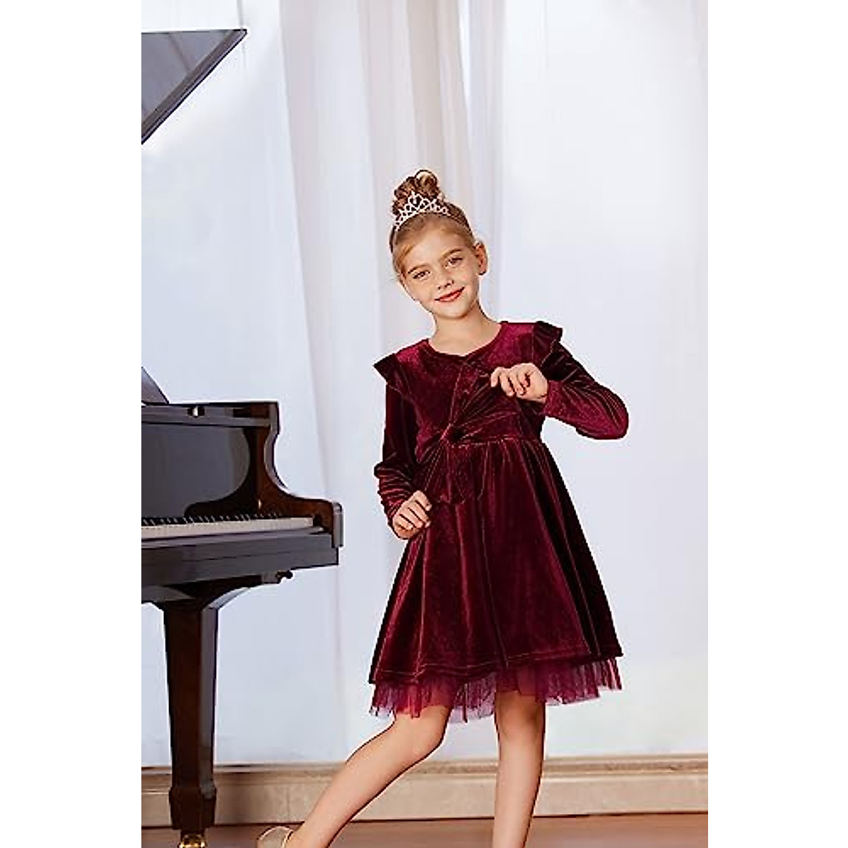 GRACE KARIN Girls Red Velvet Dress Crew Neck Christmas Fall Winter Party Dresses Size 5-6