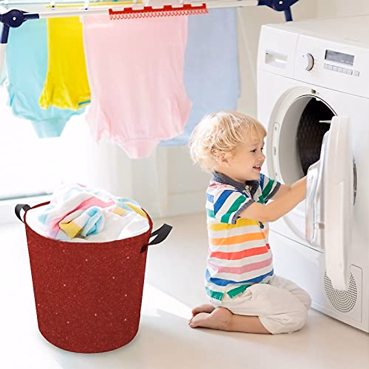 Bling Red Glitter Waterproof Laundry Baskets Collapsible Laundry Hamper with Handles Large Round Toy Bin for Dirty Clothes,Kids Toys,Bedroom,Bathroom