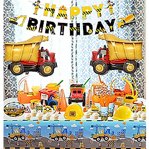 Construction Truck Party Supplies Tableware Set - Dump Truck Banner, Tablecover, Plate, Cups, Napkins, Balloons, Cake Toppers, Foil Balloon, for Party Decorations Kids Birthday Serves 20 Guests