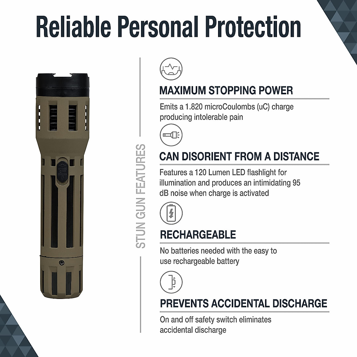 SABRE Stun Gun with LED Flashlight, Powerful Pain Inducing 1.820 µC Charge, 120 Lumens, Rechargeable Battery, Safety Switch, Includes Wrist Strap and Belt Holder