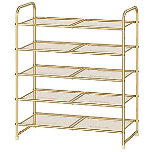 Simple Trending 5-Tier Stackable Shoe Rack, Expandable & Adjustable Shoe Shelf Storage Organizer, Metal Mesh, Gold