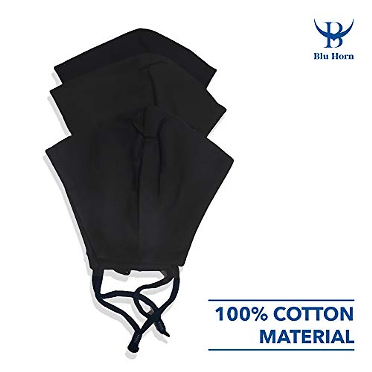 BLU HORN Face Mask from Large to 2XL(X-Large), with nose wire, adjustable loop, breathable (XX-Large, Black (3-Pack))