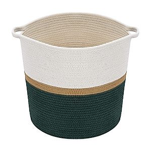 Navaris Cotton Rope Basket - 17.7" Diameter x 15" Height Woven Storage Basket with Handles for Laundry, Blankets - Dark Green/Natural/Off-White