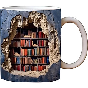 RQPQBO 3D Bookshelf Coffee Mug 11 Oz Microwaveable Dishwasher Safe Library Book Mug 3d Mugs Novelty Coffee Mugs Ceramic Mug Cool Presents For Book Lovers (blue)