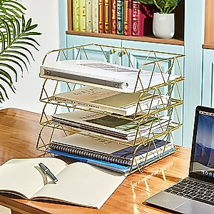 Yeaqee 4 Tier Stackable Paper Tray Gold Desk Organizer Rack Metal Letter Desk File Organizer Horizontal Holder File Trays for Desk Office Desktop School Supplies and Accessories