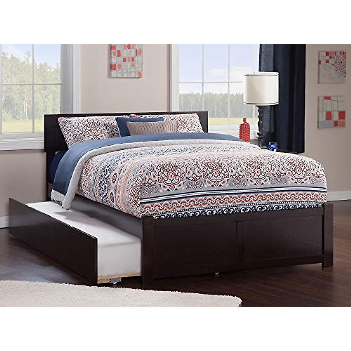 AFI Orlando Queen Platform Bed with Footboard and Turbo Charger with Twin Extra Long Trundle in Espresso