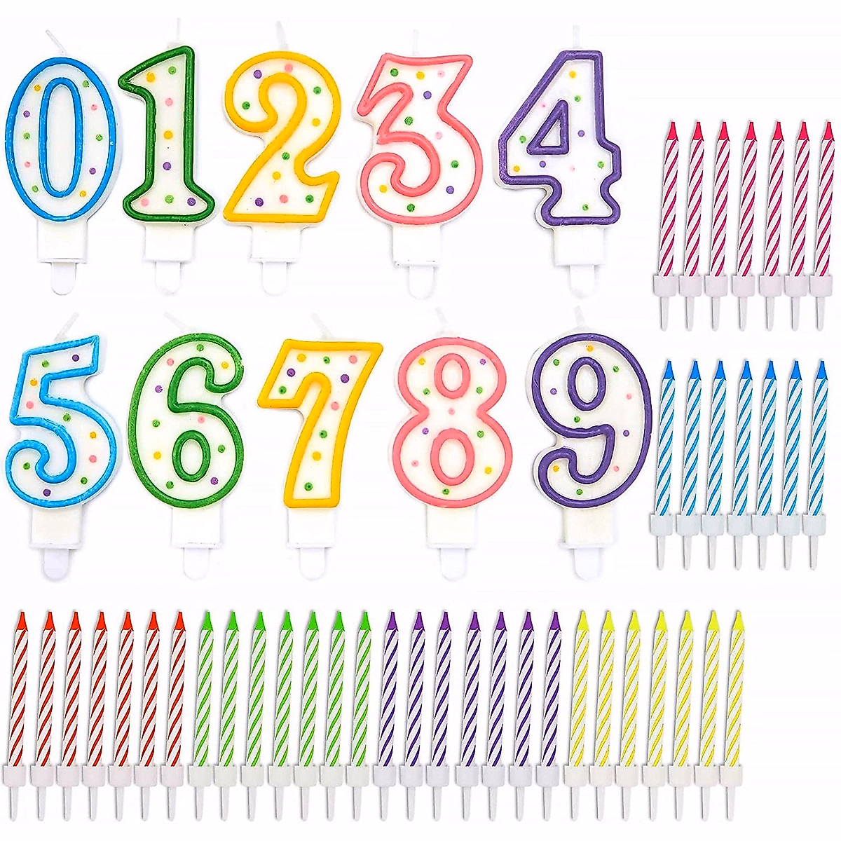 BLUE PANDA - 154-Piece Candles Number 0-9 Rainbow Stripes Birthday Cake Numeral Topper Decorations with Holders for Party Decor