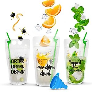 UTILE 50PCS Drink Pouches for Adults with Individually Wrapped Colorful Straws, Reclosable Zipper Smoothie Drink Bags with Multiple Texts – Heavy Duty Hand Held Translucent with Funnel Included