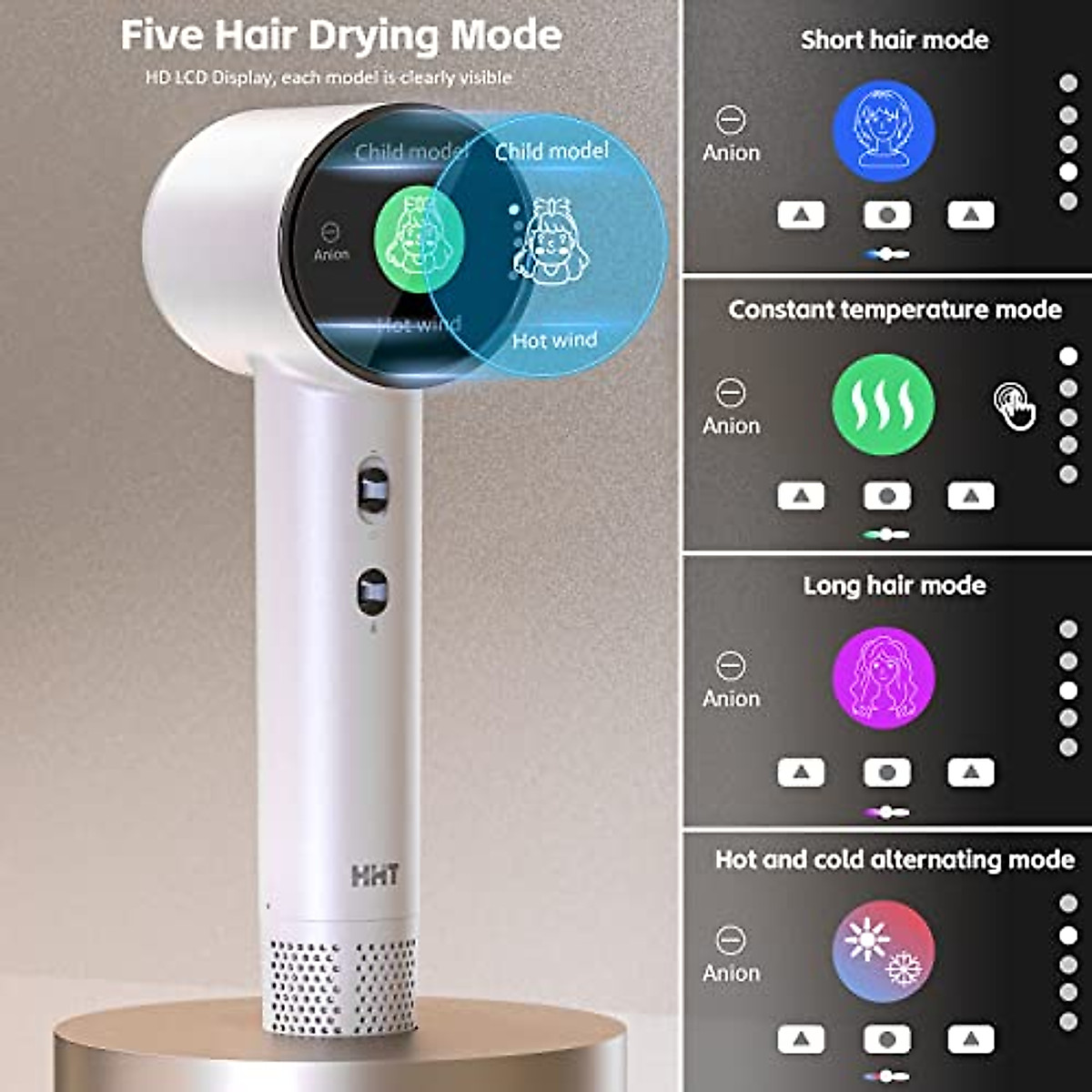 HHT Professional Hair Dryer, Negative Ionic Blow Dryer with 110, 000 RPM Brushless Motor for Fast Drying, LCD Display High-Speed Low Noise Hairdryer with Magnetic Nozzle for Salon, Home and Travel