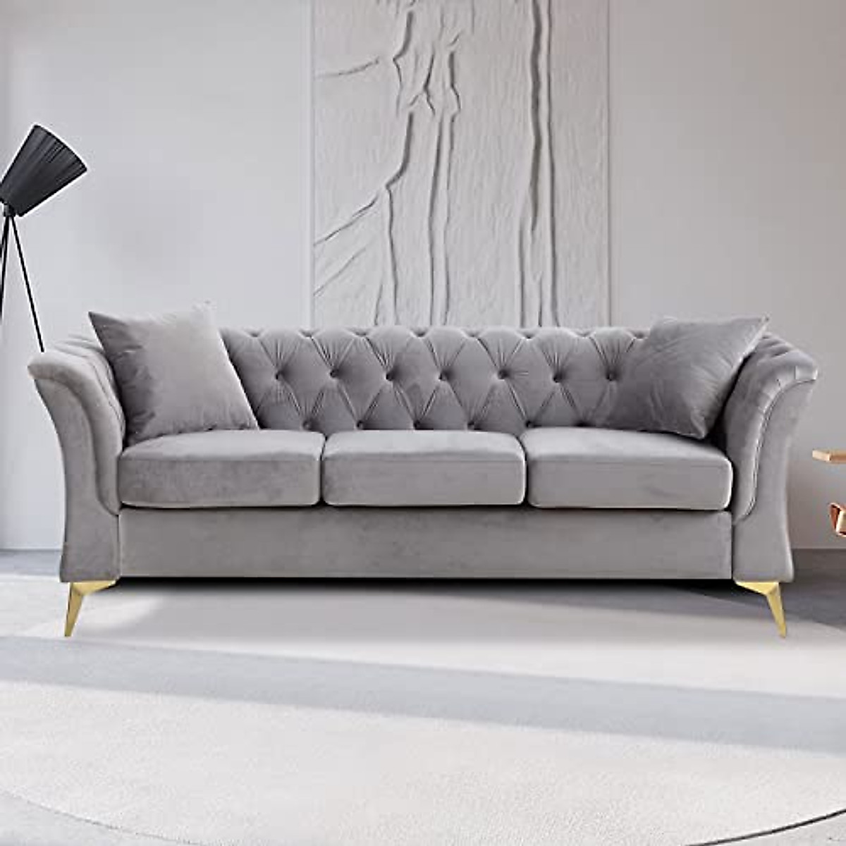 kevinplus 84'' Chesterfield Sofa Couch for Living Room, Modern Velvet 3-Seat Upholstered Sofa Couch for Apartment Bedroom Dorm Office, Strong Gold Metal Legs, 2 Pillows, Grey