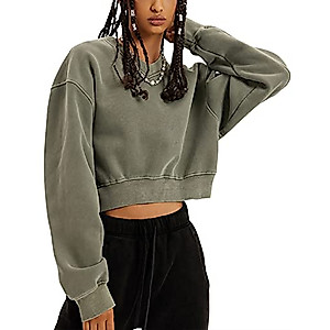 Sweatshirt for Women Acid Wash Athletic Hoodies Heritage Fleece V-neck Long Sleeve Hoodie Y2K Crop Pullover Women Sweatshirt Cotton Fleece Lined Hoodies Workout Pullover Shirt Green-L