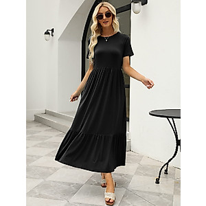 LILLUSORY Womens Short Sleeve Crew Neck Tiered Flowy Swing Midi Dresses with Pockets Black