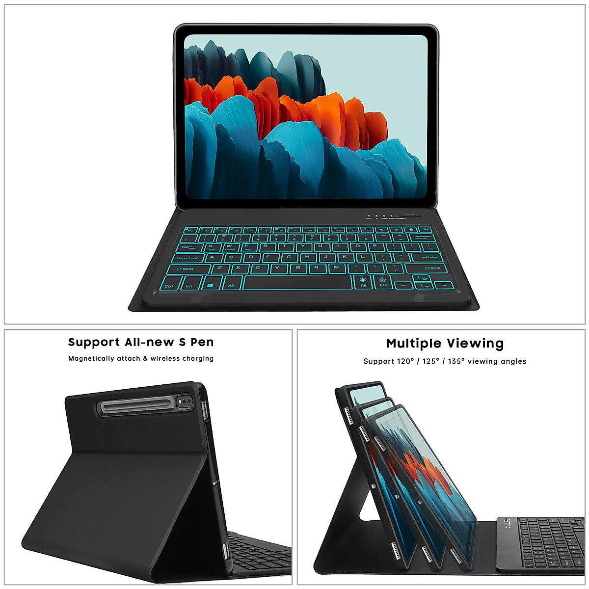 Keyboard Case for Samsung Galaxy Tab S7 FE/S8 Plus/S7 Plus 12.4 Inch, 7-Color Backlit, Smart Magnetic Detachable Wireless Bluetooth Keyboard, Slim Protective Cover with S Pen Holder, Auto Sleep/Wake