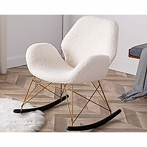 White Rocking Chair Faux Fur Soft Fabric Rocker Chair for Nursery Recliner Lounge Chair Modern Indoor Armchair for Living Room Bedroom