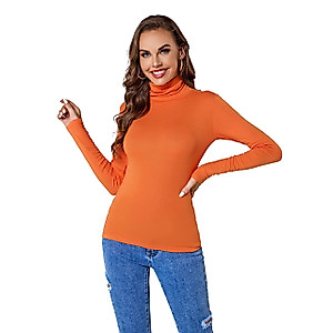 ACANI Orange Turtle Neck Tops for Women Ribbed Women's Long Sleeve Slim Fit Mock Orange Turtleneck Basic Stretchy Lightweight Layering Tops(Orange Medium)