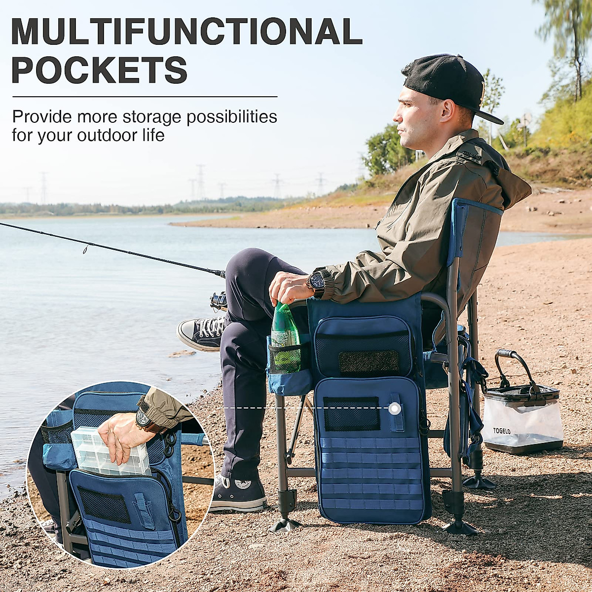 EVER ADVANCED Fishing Chair with Rod Holder and Cooler, All Terrain Ice Fishing Chair with Adjustable Feet, Mesh Back Folding Camping Chair with Shoulder Strap, Heavy Duty Supports 350LBS