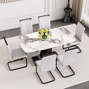 63" Glass Dining Table with White Imitation Marble Top, Kitchen Table for 4 or 6, Modern Dinner Tables with Black MDF Base, Large Dining Room Table for Dining Room/Kitchen, Easy Assembly