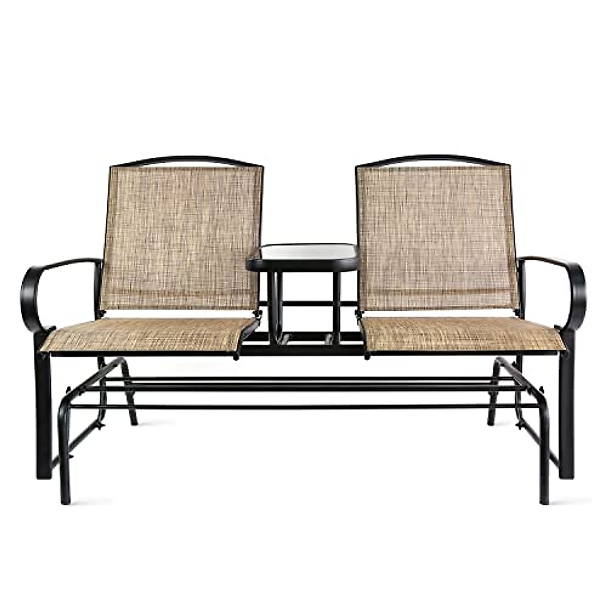 Amazon Basics 2-Person Outdoor Patio Textilene Glider Chair with Tempered Glass Table, 30.3"D x 56.5"W x 36.2"H, Brown