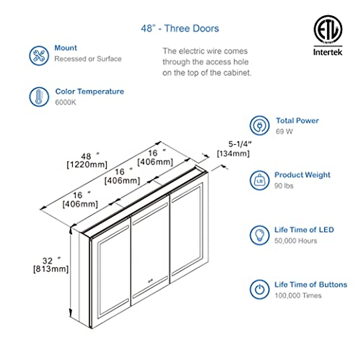 Blossom Recessed or Surface 48 Inch LED Mirror Medicine Cabinet with Lights, Defogger (Vega-48)