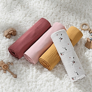 POMISO Muslin Swaddle Blankets for Boys & Girls, Soft Breathable Swaddling Blankets, Large 47" X 47" inches Baby Muslin Swaddles, 4 Pack Red Berries/Earthy Colors