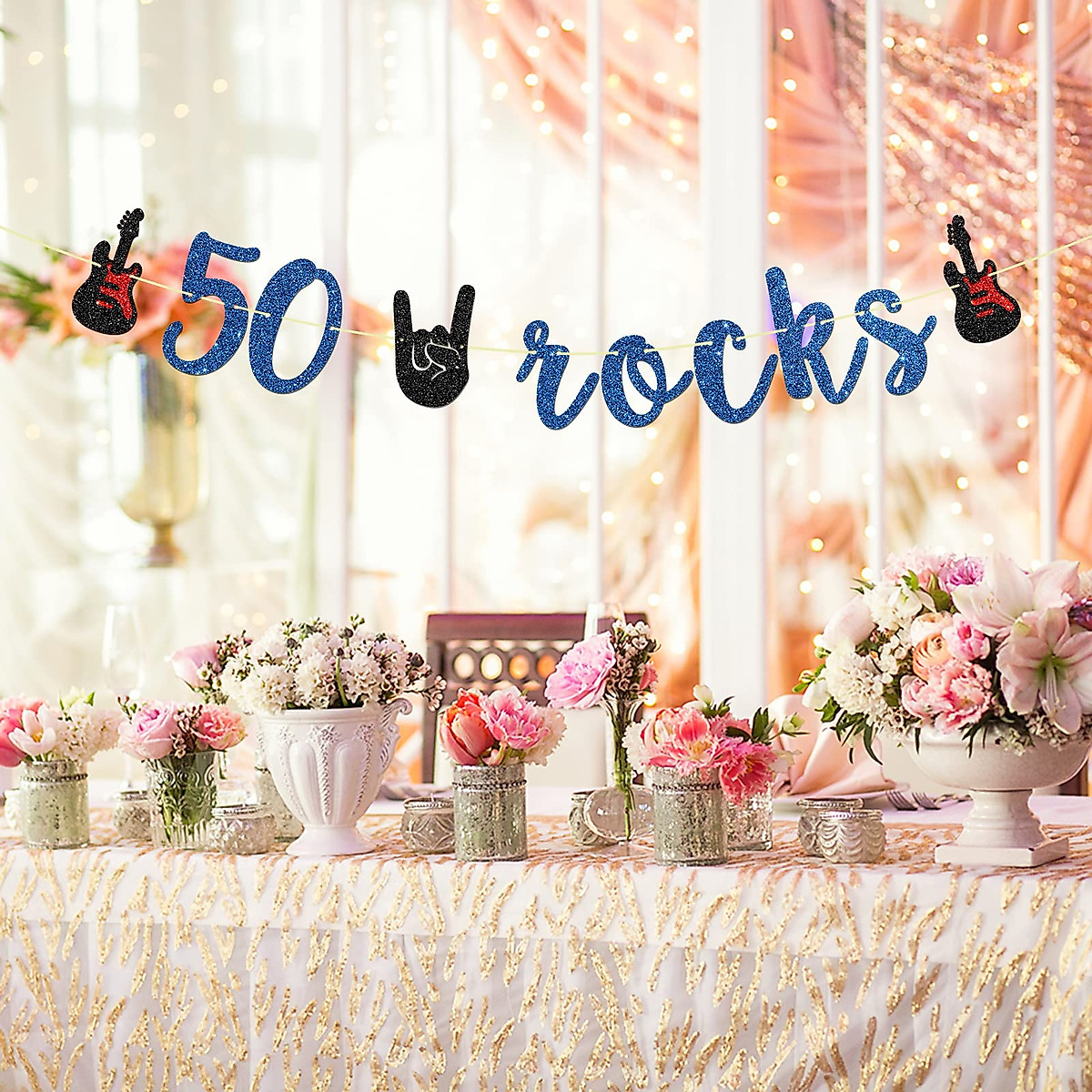 50 Rocks Banner, Rock Happy 50th Birthday Sign, Music Theme Fifty 50th Birthday Rock n Roll Party Decoration Cheers to 50 Years Banner