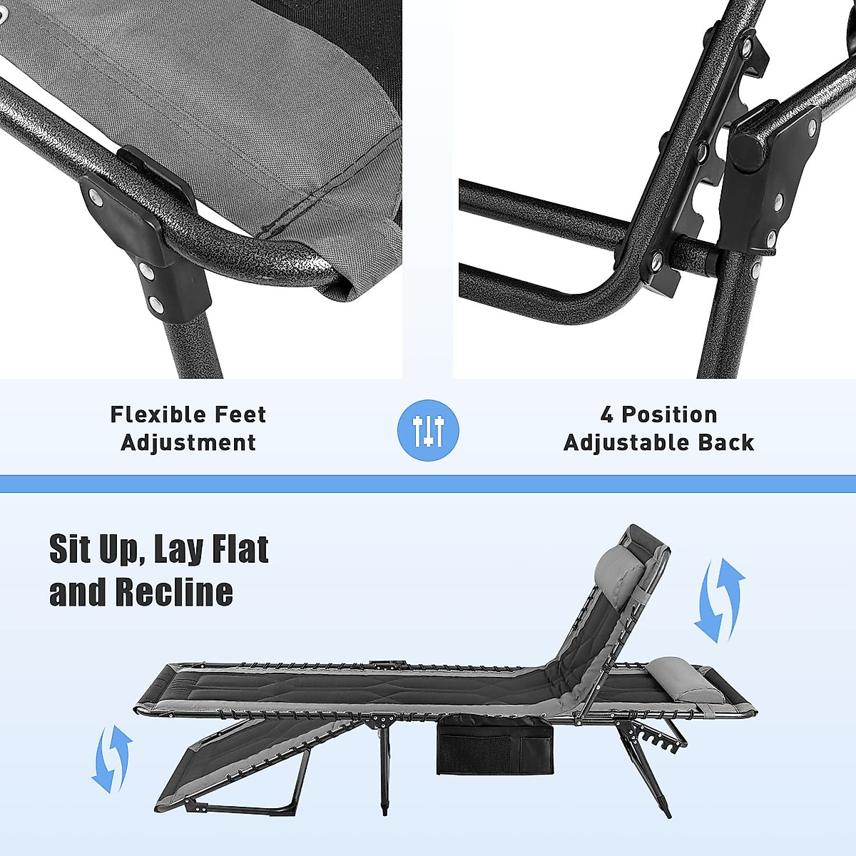 Flamaker Folding Chaise Lounge Outdoor Portable Lounge Chairs 4-Position Adjustable Camping Lounge Chair with Pillow & Side Bag Lightweight Recliner Sunbathing Chair for Pool Beach Deck (Grey)