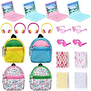 20 Pieces Doll Backpack Set Dollhouse School Accessories Doll Travel Supplies Include Mini Laptop Scene Simulation Backpack Bag with Zipper Mini Headsets Toy Sunglasses Book for 1/12 1/6 Scale
