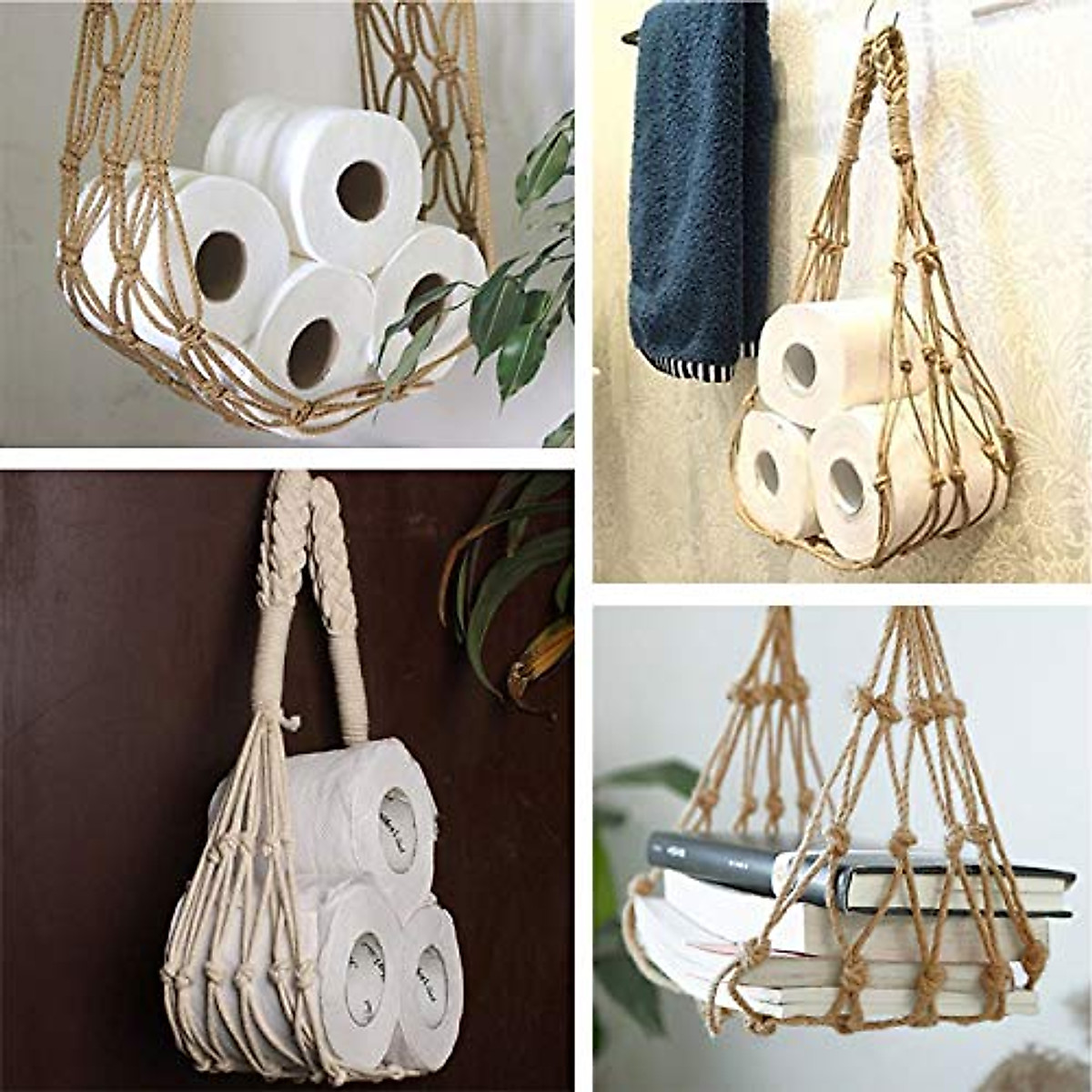 Toilet Paper Storage Holder Wall Hanging Storage Mesh Bag Boho Handmade Cotton Net Bag Paper Roll Holder for Home Bedroom Bathroom Living Room