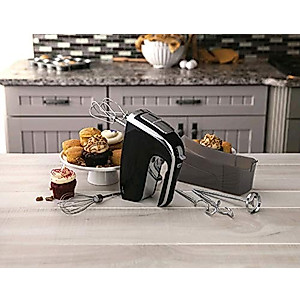 Hamilton Beach Power Deluxe 6-Speed Electric Hand Mixer with Snap-On Storage Case, QuickBurst, Beaters, Whisk, (62619E)) (Black/Metalic)