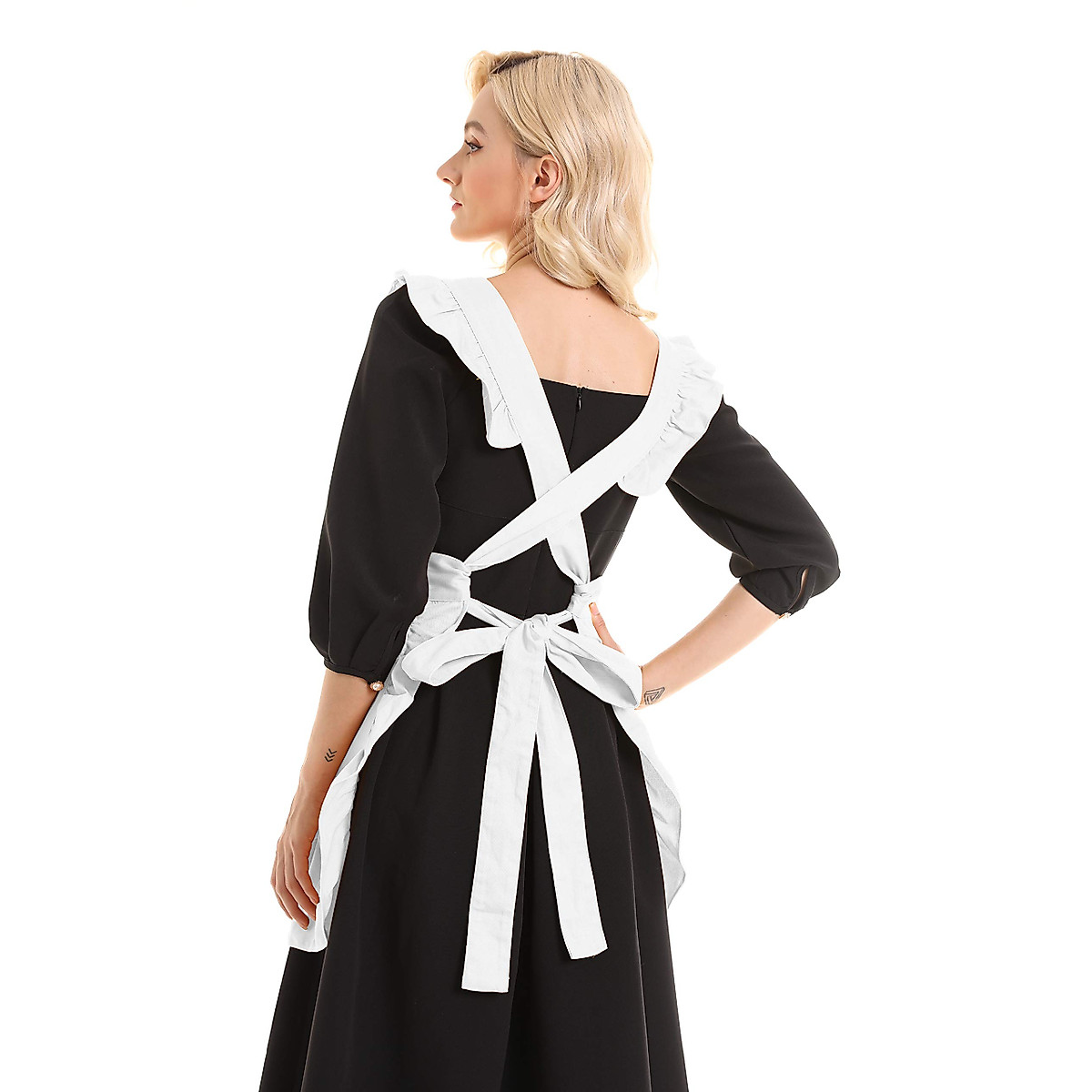 LilMents Retro Adjustable Ruffle Apron Kitchen Cooking Baking Cleaning Maid Costume (White)