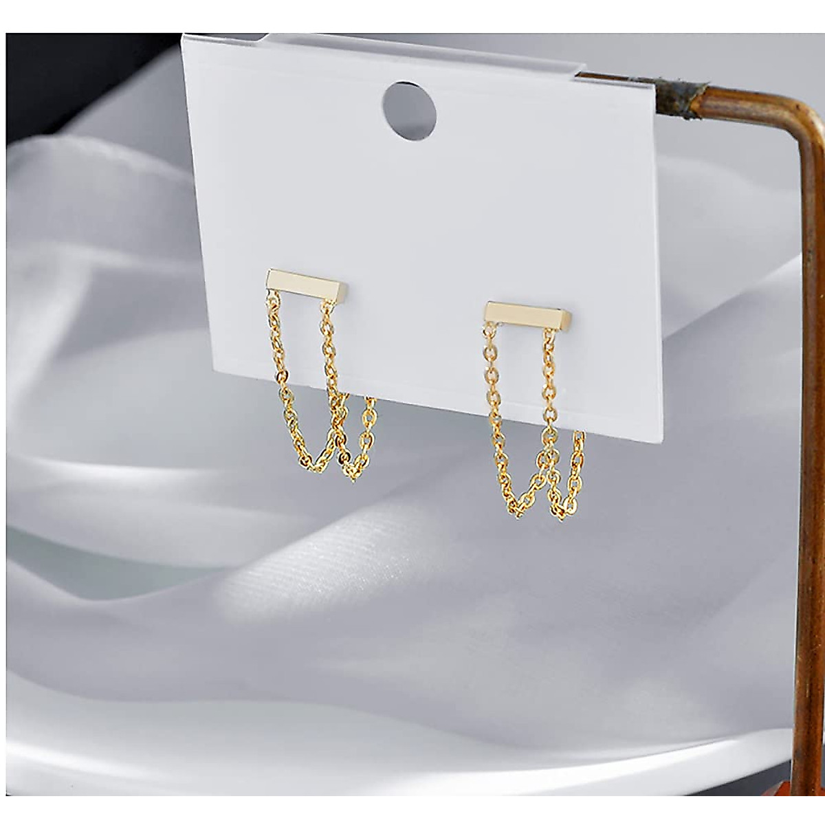 Reffeer Solid 925 Sterling Silver Bar Tassel Chain Drop Earrings for Women Bar Drop Earrings Studs Minimalist (B-18K Gold)