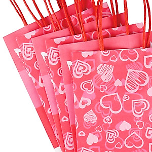 Gatherfun Hot Pink Heart Love Kraft Paper Gift Bags with handles for Valentine's Day, Weddings, Engagements, Anniversaries, Bridal Showers, Birthday Party 2 Designs, 24 Pack, 5.5X3.2X9inch
