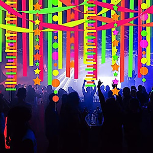 UNIIDECO Glow in The Dark Neon Streamers Garlands Kit, Dance Party Black Light UV Reactive Florescent in Decorations Backdrop, Crepe Paper Roll Circle Dots, Fiesta Graduation Birthday Party Supplies