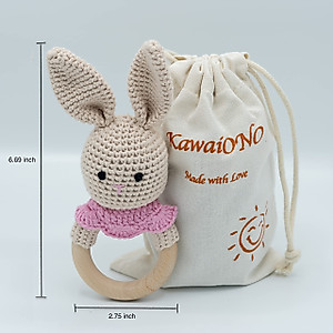 KawaiOnO Handmade Cotton Crochet Amigurumi Rattler, Educational Baby Rattle for Teething Infants, Ideal Baby Boy Stuff, Unique Baby Stuff for New Moms, Crochet Cream Bunny Rattle Design