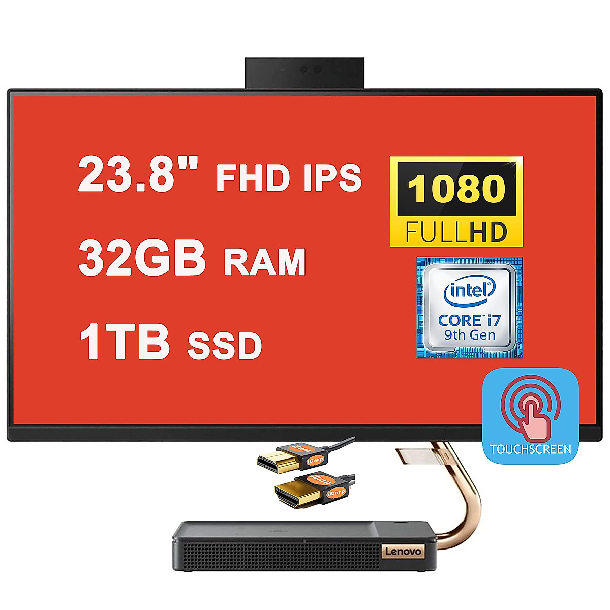 Lenovo Flagship IdeaCentre A540 24 AIO Desktop 23.8" FHD IPS Touchscreen 9th Gen Intel Octa-core i7-9700T 32GB RAM 1TB SSD JBL Harman Speakers Dolby Webcam Win10 Pro + HDMI Cable