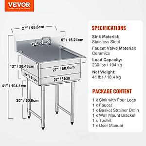 VEVOR Stainless Steel Prep & Utility Sink, 1 Compartment Free Standing Small Sink Include Faucet & legs, 27"x41" Commercial Single Bowl Sinks for Garage, Restaurant, Kitchen, Laundry, NSF Certified