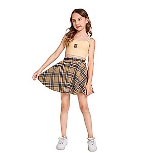 WDIRARA Girl's 2 Piece Cute Outfits Cartoon Print Cami Top and Plaid Skirt Set Multicolored 11-12Y