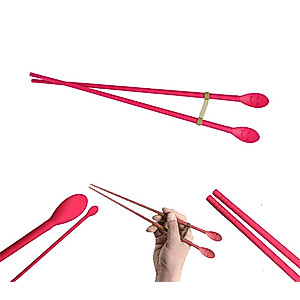 Silicone Cooking Chopsticks with Spoon and Band | 12in (30.5cm) | Stainless Steel Reinforced | Safe Frying, Hot Pot | Made in Korea (Red)