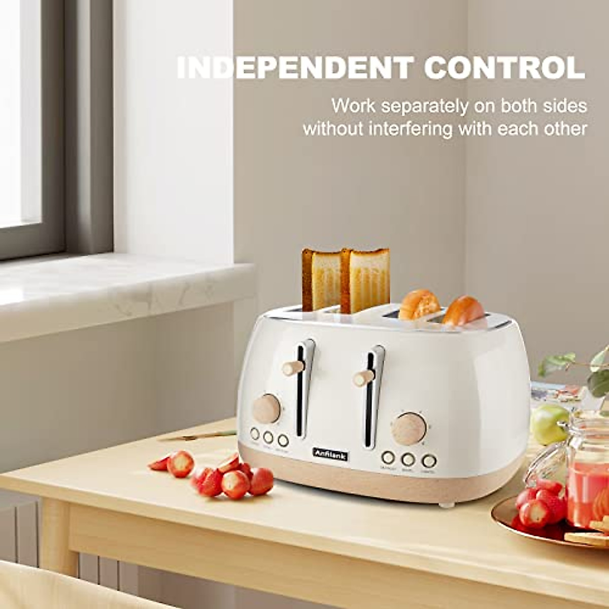 Anfilank Toaster 4 Slice,Retro Stainless Steel Toaster with Extra Wide Slots Cancel, Bagel, Defrost Function, Dual Independent Control Panel, Removable Crumb Tray, 6 Shade Settings and High Lift Lever, Cream, Large Size