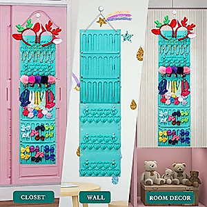 Double-Sided Headbands Holder for Baby Girls丨43” x 12” Hair Bows Clips Ties Barrettes Accessories Organizer with 24 Ribbons/ 33 Velvet Hooks Hangers, Wall Hanging for Girl Room, Baby Nursery Decors