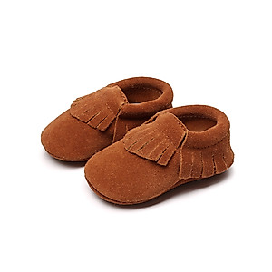 HONGTEYA Leather Baby Moccasins Hard Soled Tassel Crib Toddler Shoes for Boys and Girls (12-18 Months/5.12inch, Suede Dark Brown)